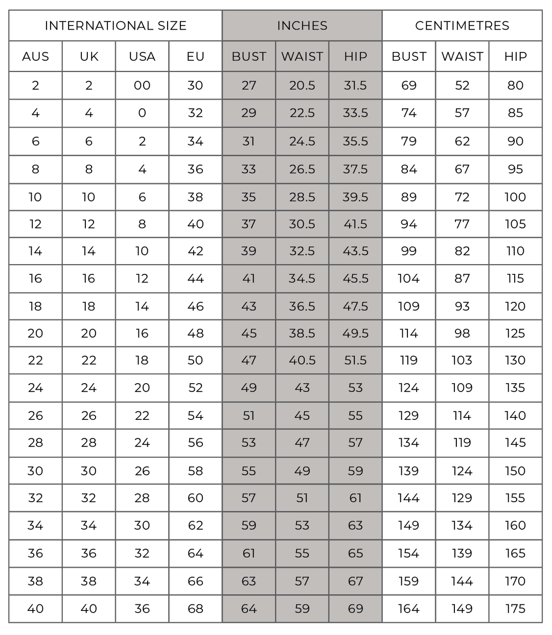 Size Chart – Maya Bella