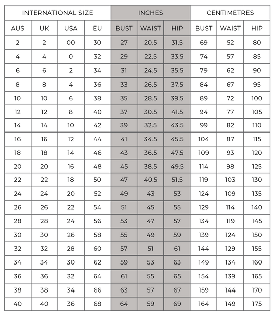 Size Chart – Maya Bella